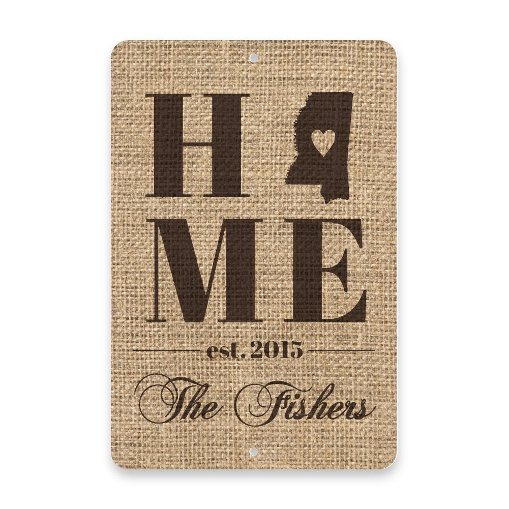 Personalized Burlap Mississippi Home with Family Name Metal Room Sign ...