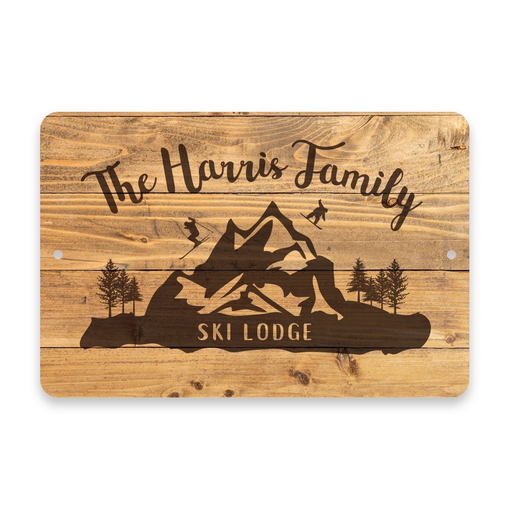 Personalized Rustic Wood Plank Ski Lodge Metal Room Sign – PatternPop